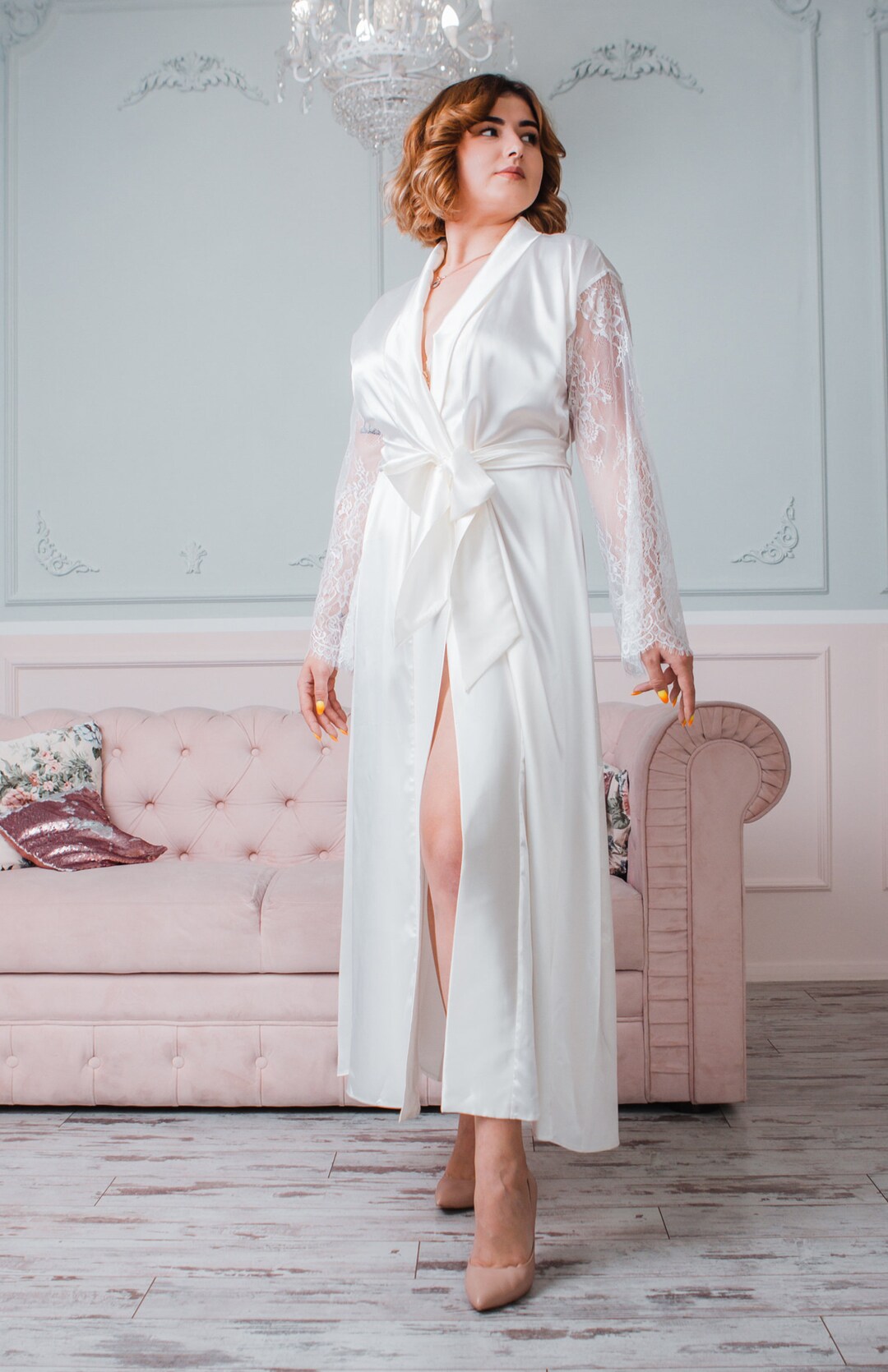 Long Robe for Bride, Long Sleeve Bridal Robe, Silk Bridal Robe, Getting ...