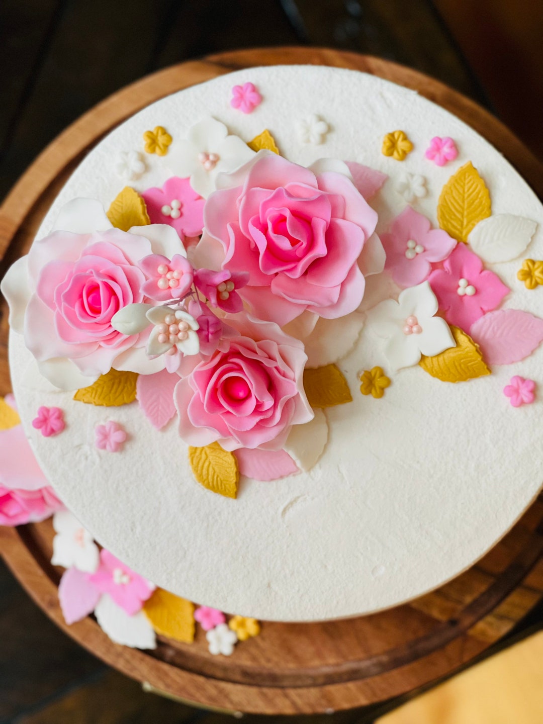 Custom Fondant Fading Roses and Variety of Flowers Cake Topper, Golden ...