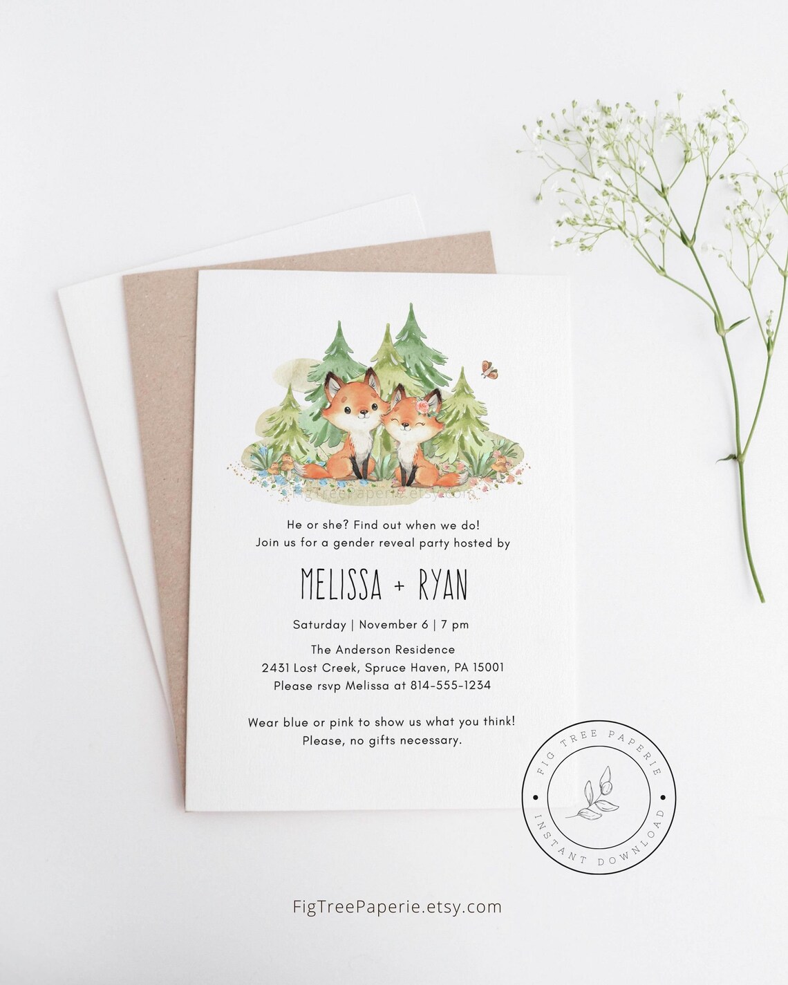 Cute Fox Gender Reveal Invitation Woodland Gender Reveal - Etsy