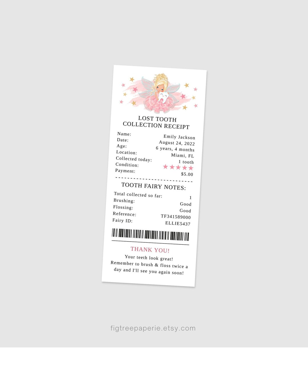 Tooth Fairy Receipt for a Girl, Blonde Girl Tooth Fairy Receipt, Lost ...