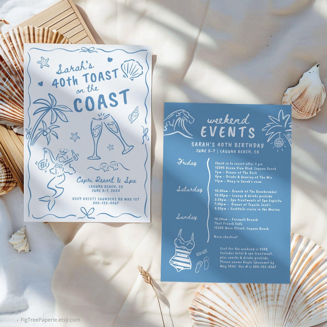 Hand Drawn 40th Birthday Invitation Itinerary Toast on the Coast Beach ...