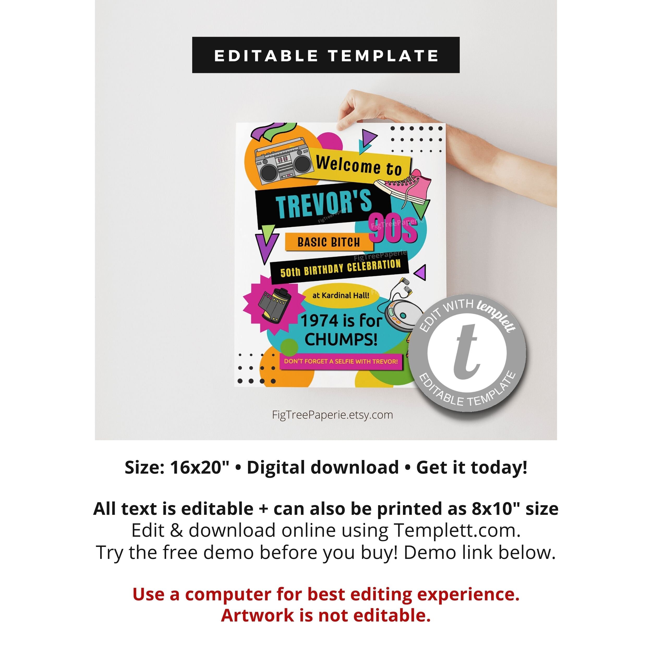 90s Party Welcome Sign, 90s Throwback Birthday Party Sign Editable ...