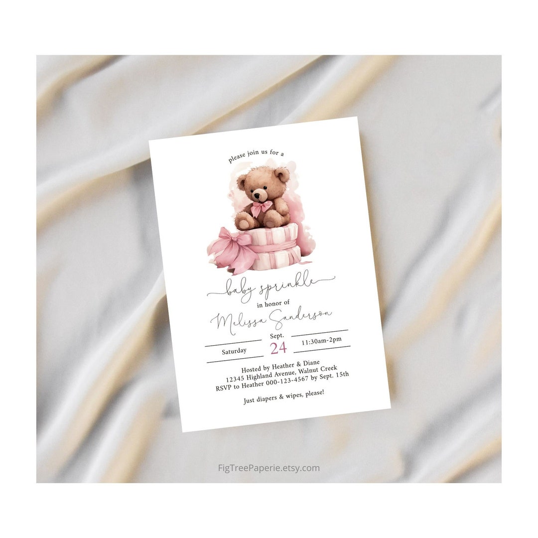 Baby Sprinkle Invitation Girl, Pink Teddy Bear Baby Sprinkle Invite ...