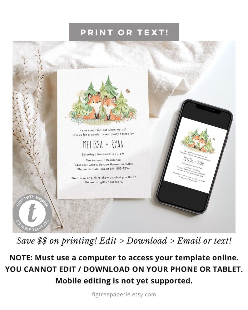 Cute Fox Gender Reveal Invitation Woodland Gender Reveal - Etsy