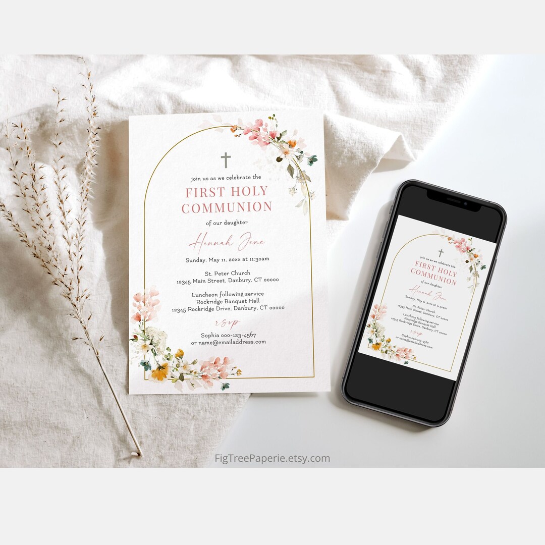 First Communion Invitation Girl, Pink Flowers First Communion Invite ...