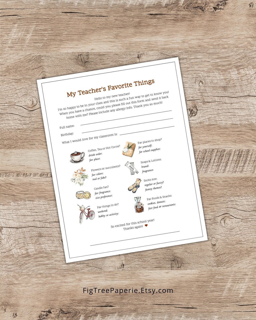 Teacher's Favorite Things Printable, Teacher Questionnaire, Teacher ...