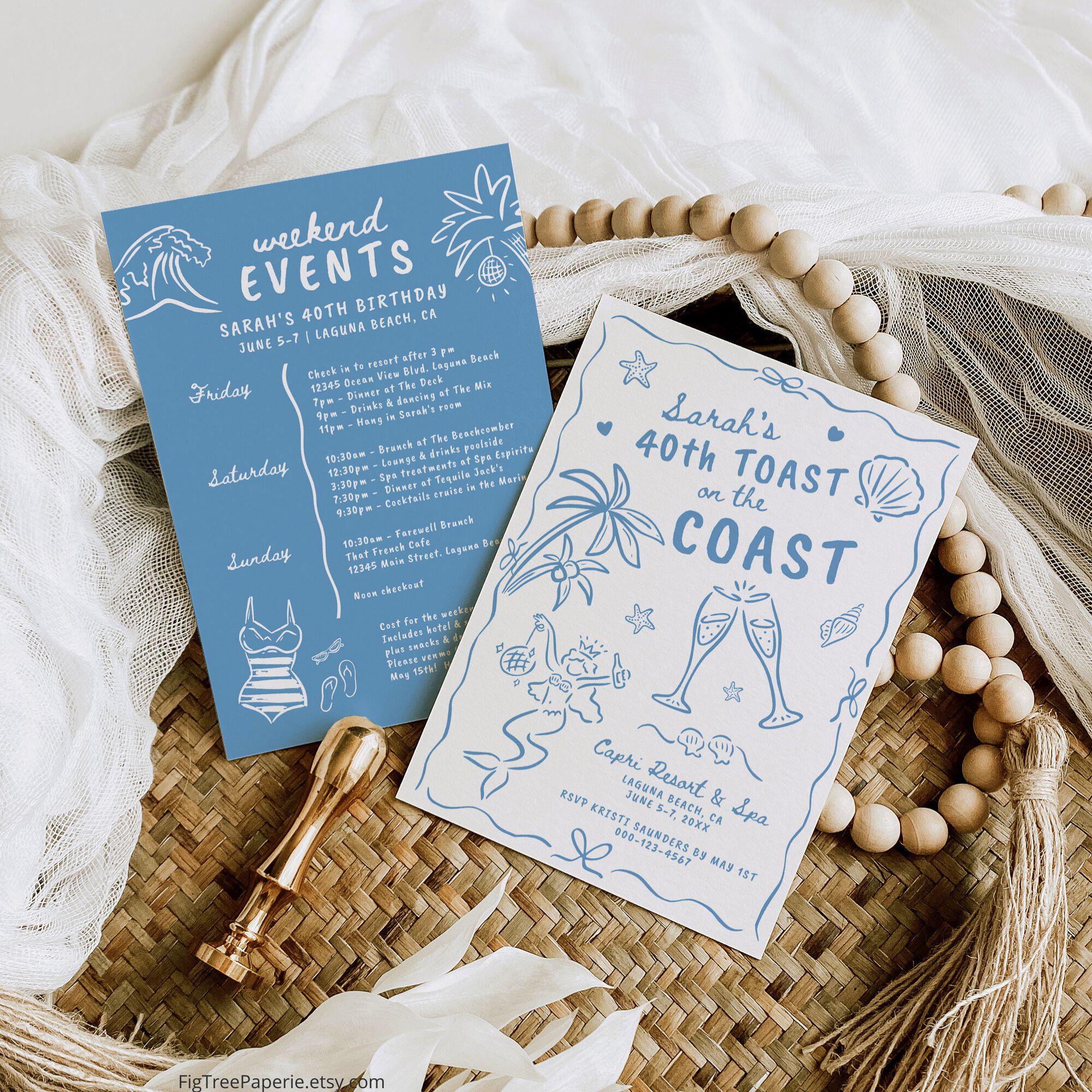 Hand Drawn 40th Birthday Invitation Itinerary Toast on the Coast Beach ...