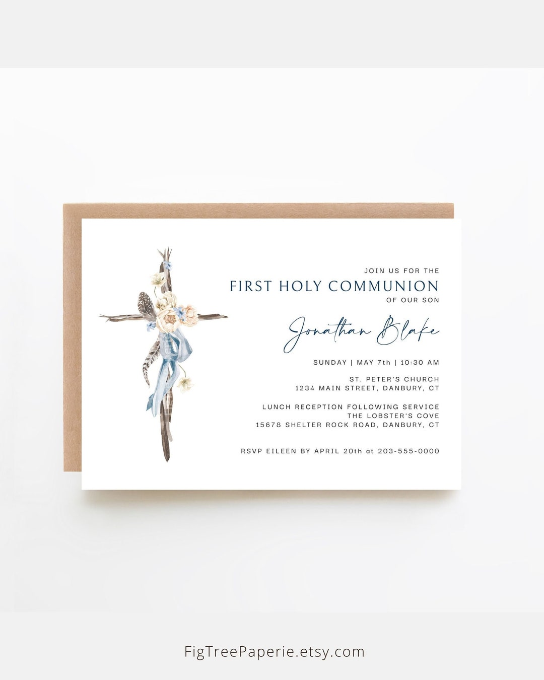 Modern First Communion Invitation Boy, Boho 1st Communion Invitation ...