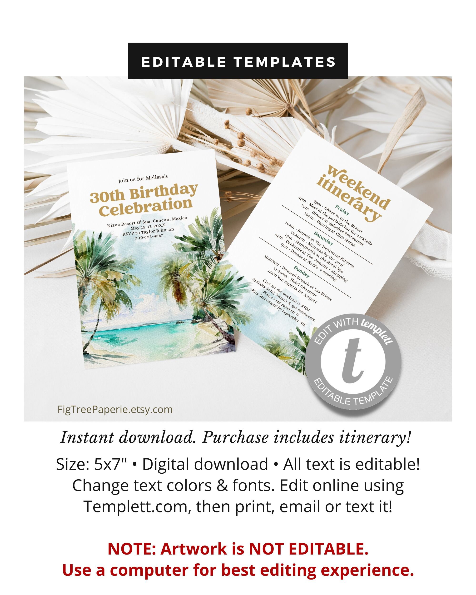 30th Birthday Tropical Beach Invitation Itinerary, 40th Birthday ...
