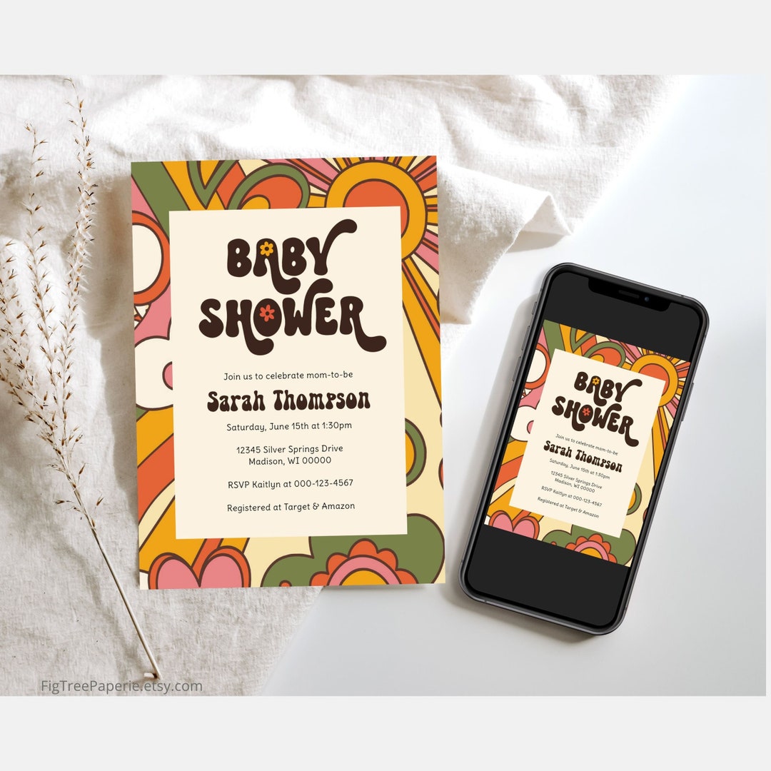 Retro Baby Shower Invitation, Groovy 70s Baby Shower Invite, Hippie ...
