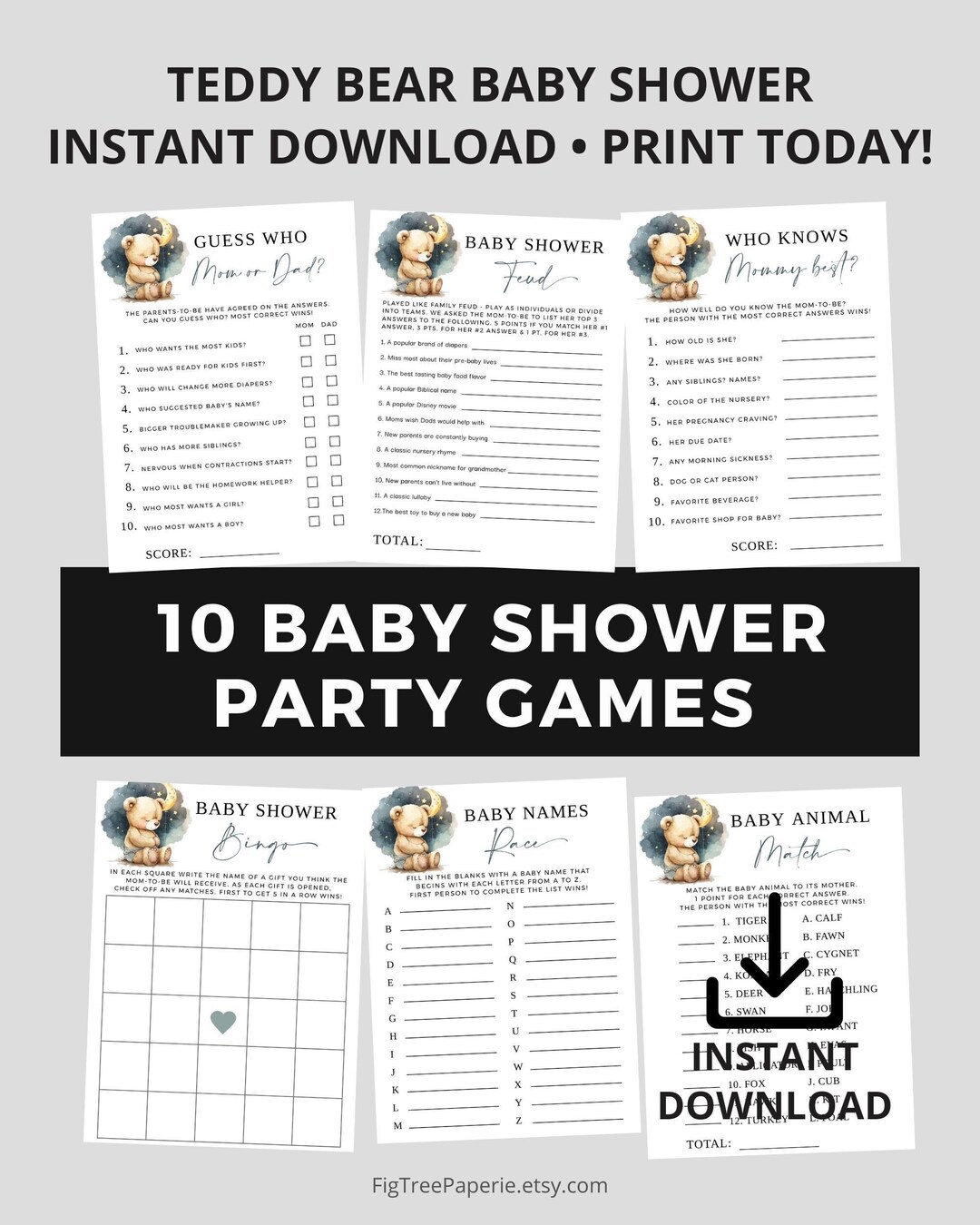 Teddy Bear Baby Shower Games Bundle, Over the Moon Baby Shower Games ...
