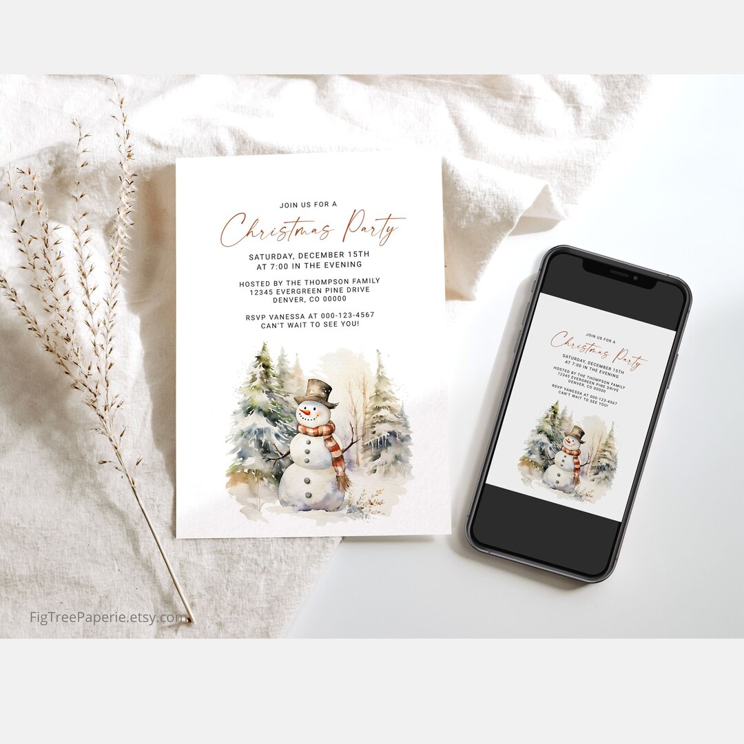 Snowman Christmas Party Invitation, Modern Minimalist Christmas Party ...