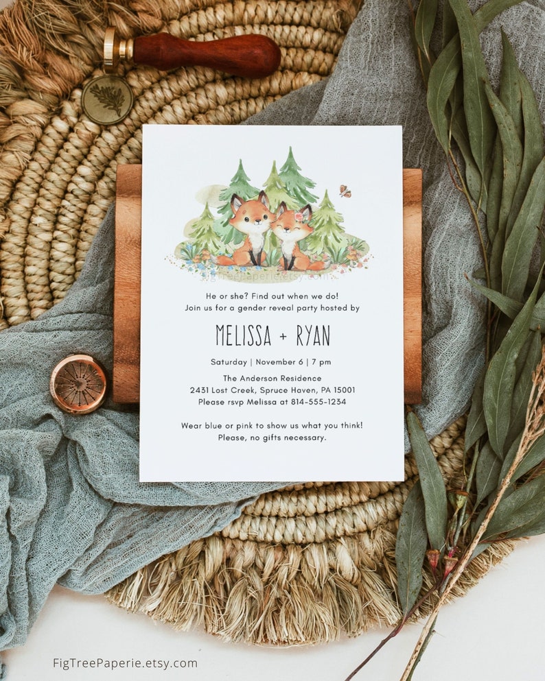 Cute Fox Gender Reveal Invitation Woodland Gender Reveal - Etsy