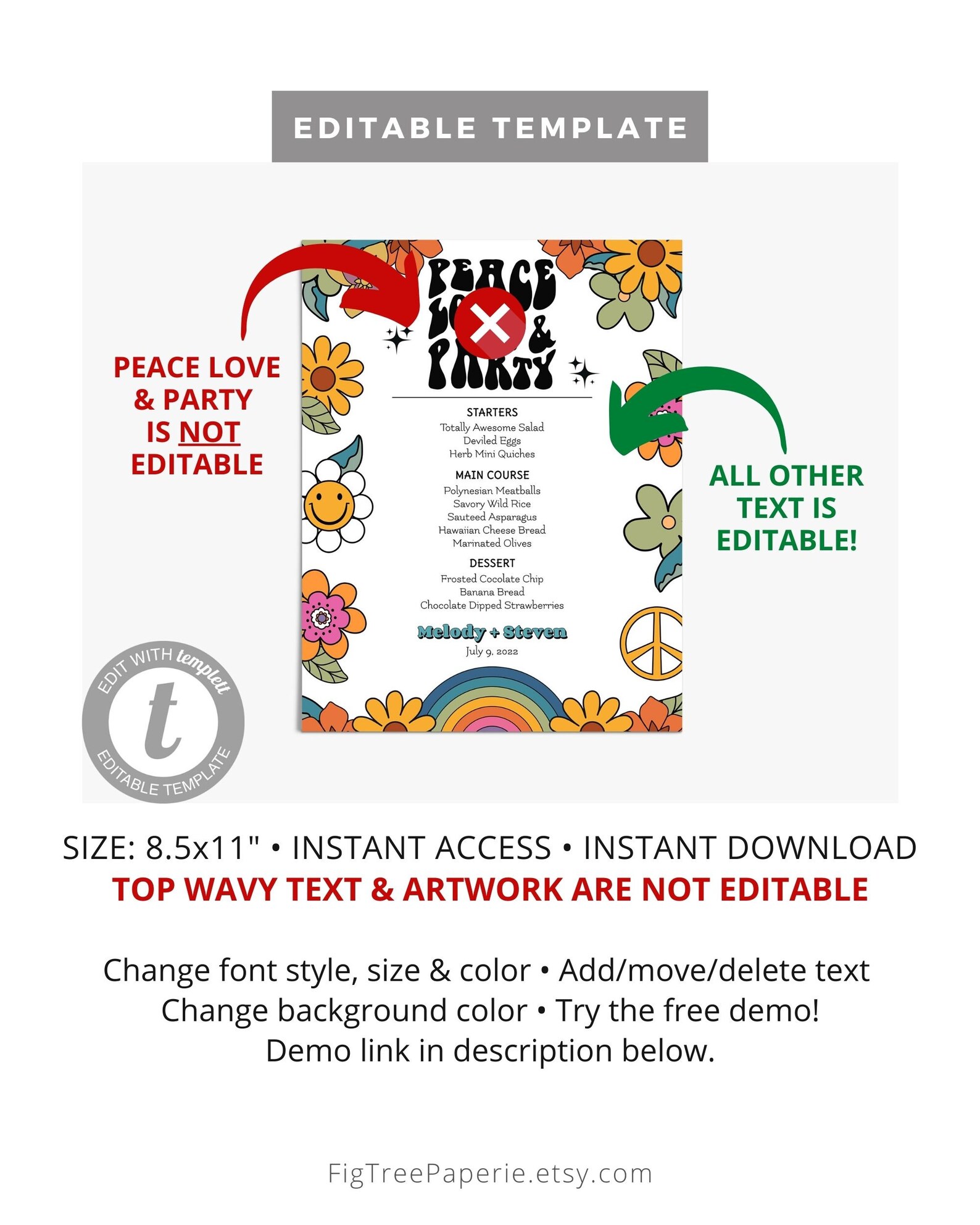 Retro Menu Template Retro 70s Wedding Menu Groovy Hippie - Etsy