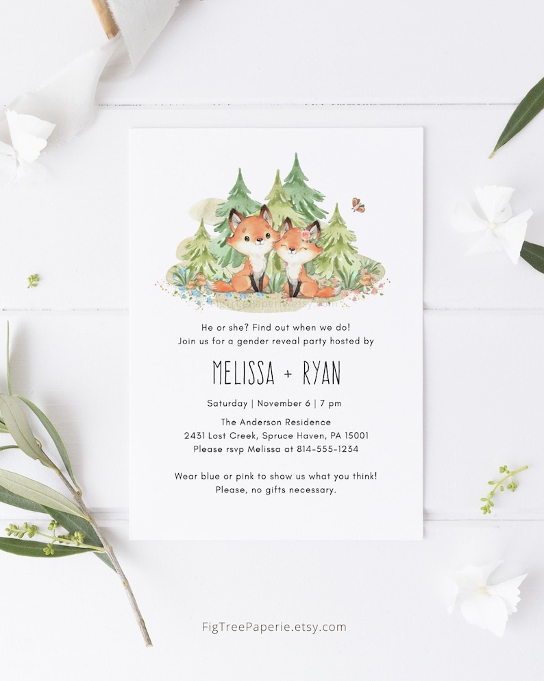 Cute Fox Gender Reveal Invitation Woodland Gender Reveal - Etsy