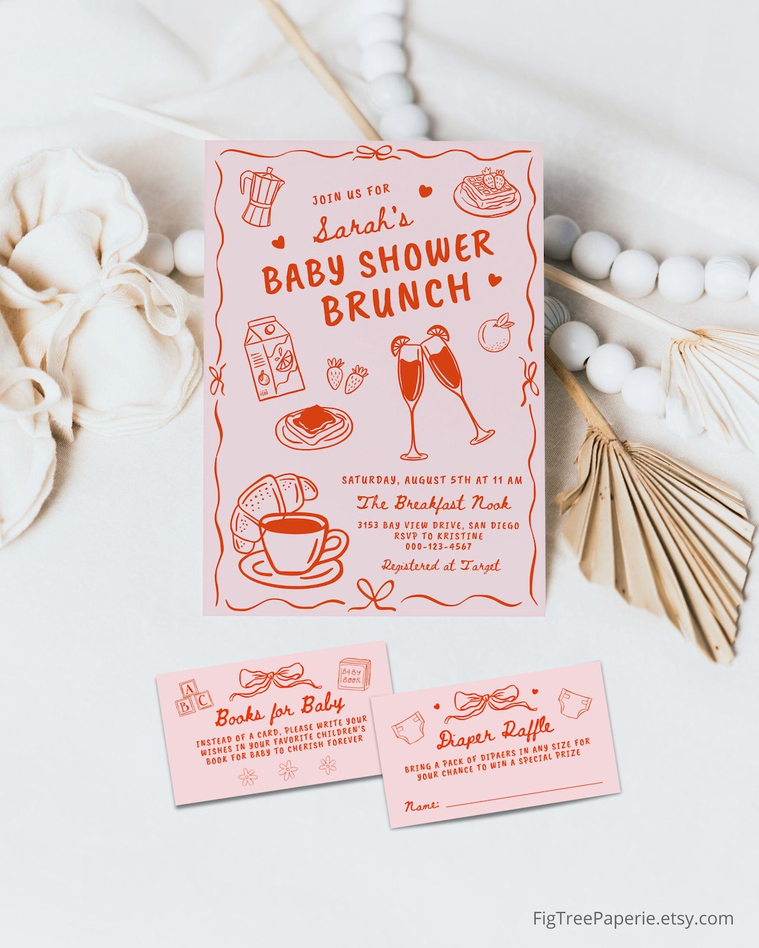 Breakfast Baby Shower Brunch Invitation Set Girl, Whimsical Doodle ...