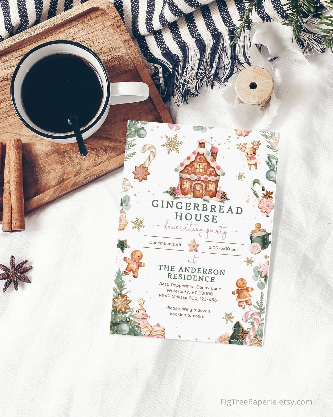 Gingerbread House Decorating Party Invitation, Pink Christmas ...