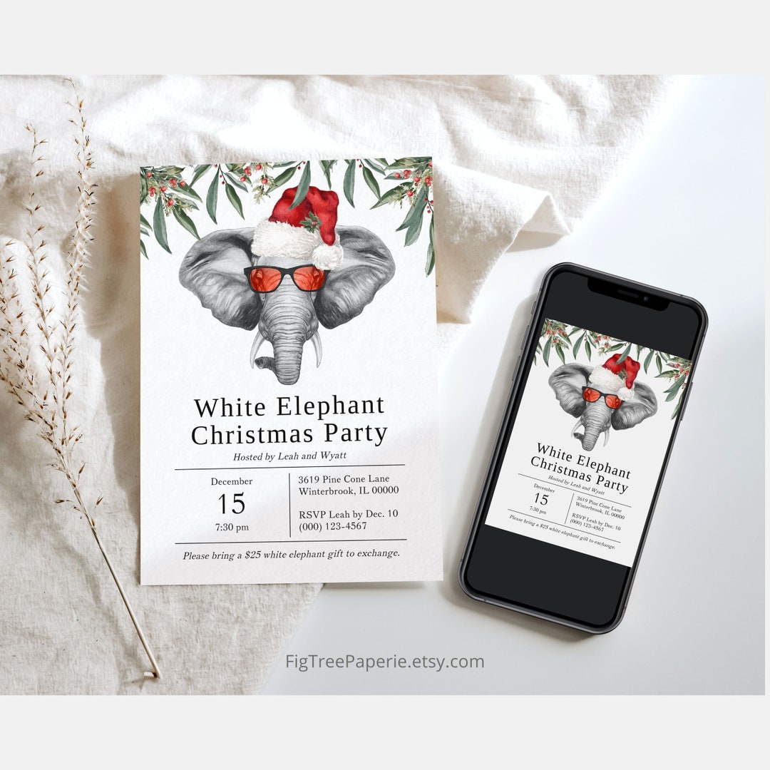 White Elephant Christmas Party Invitation, Holiday Party Gift Exchange ...