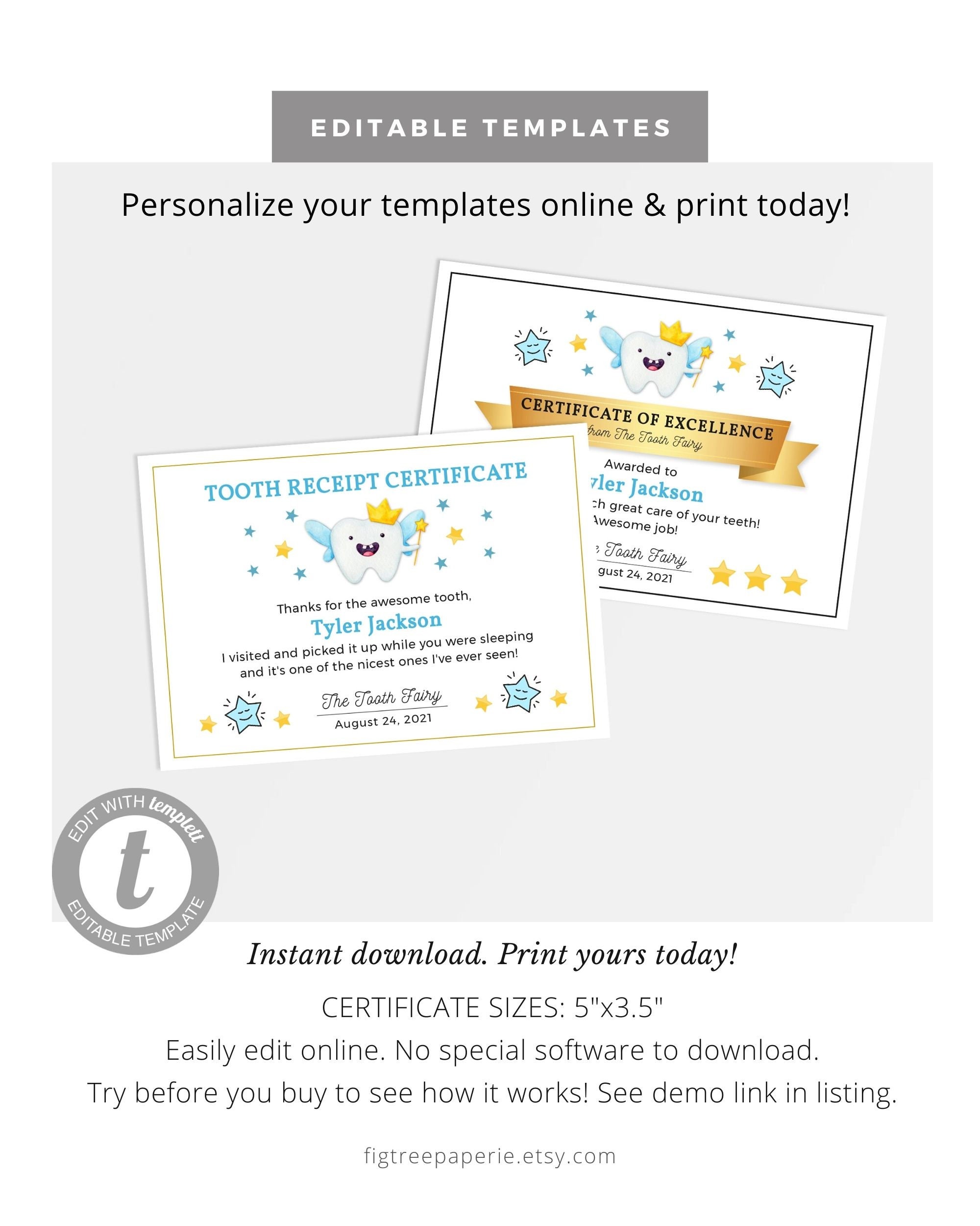 Mini Tooth Fairy Certificates Printable Editable Tooth Fairy | Etsy