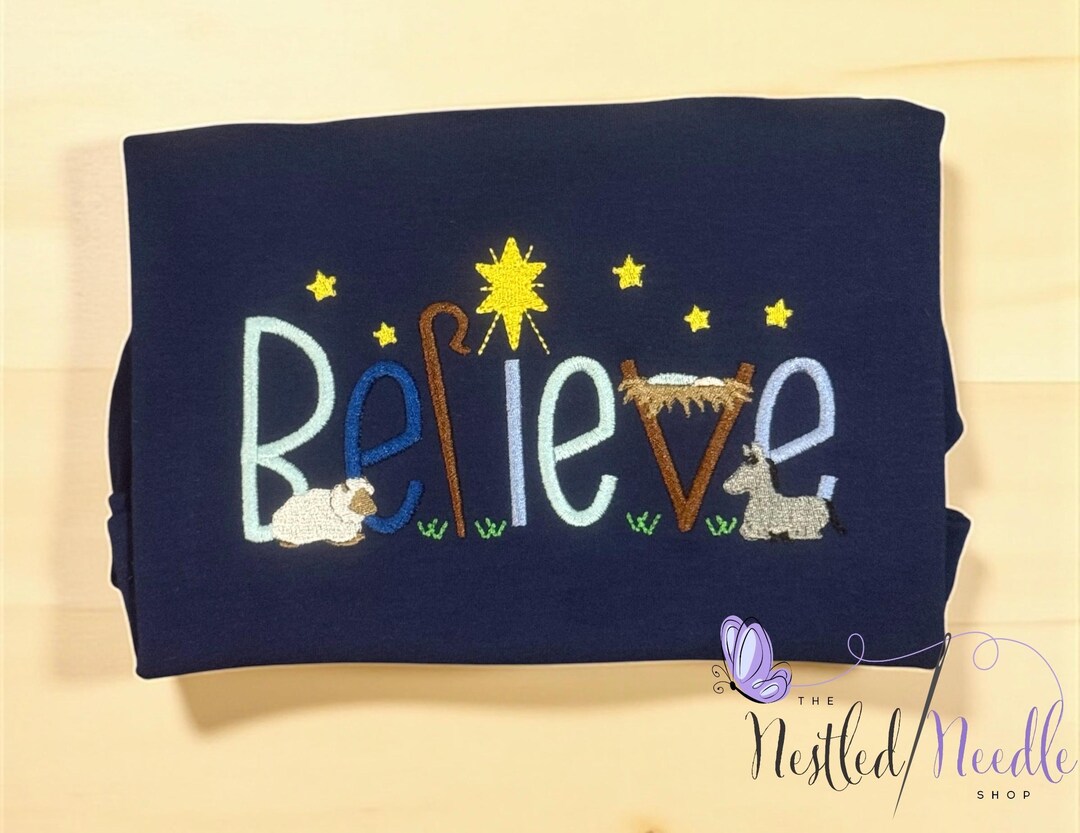 Girls “believe” Christmas Nativity Scene Shirt/girl Embroidered ...