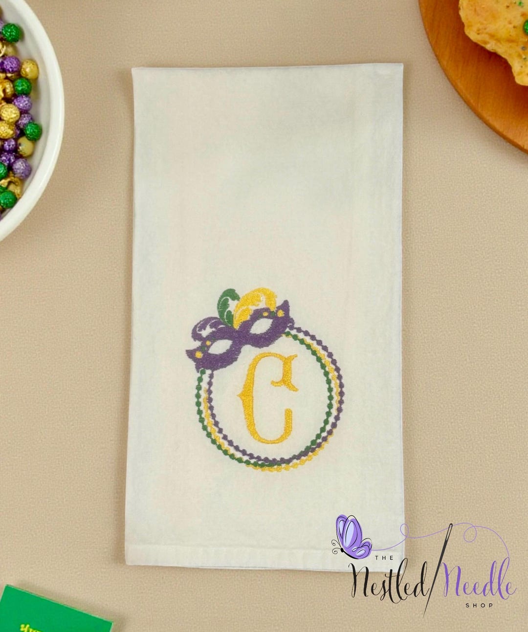 Mardi Gras Beads Mask Embroidered Monogram/initial Kitchen Tea Towel - Etsy