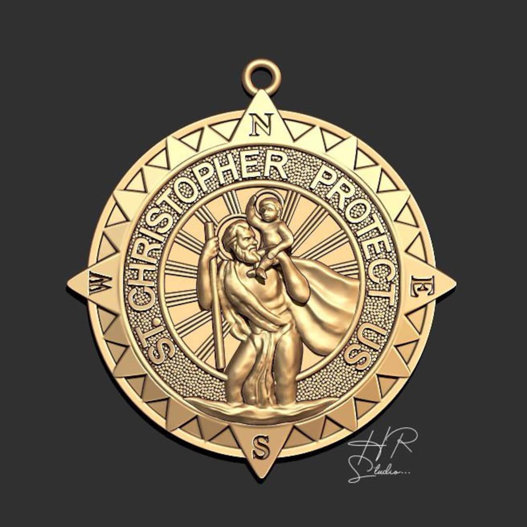 Yellow Gold St. Christopher Compass Medal - Catholic Necklace Pendant ...