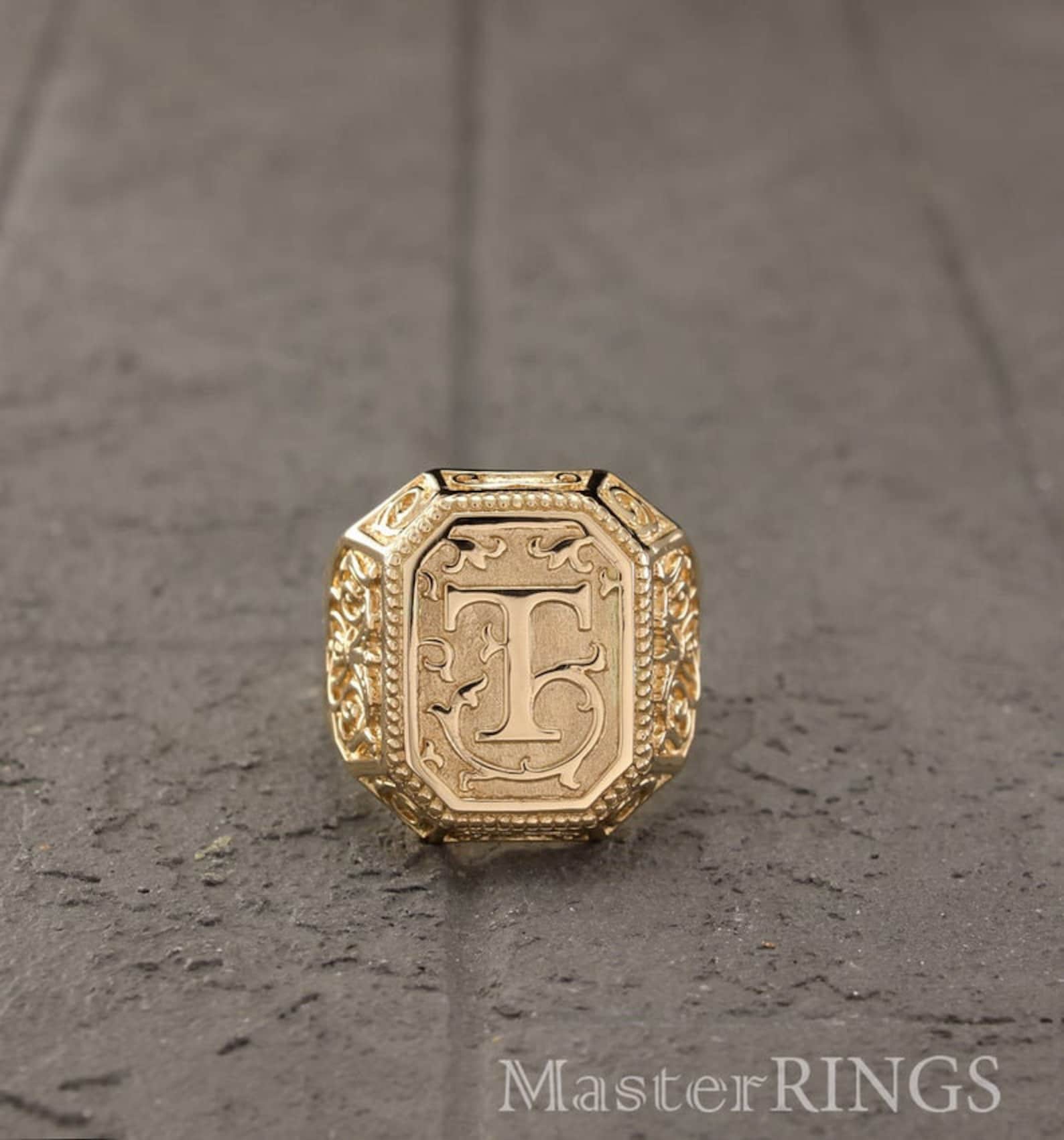 14K ,18K ,22K Real Yellow Gold Letter Personalized Initial Signet Ring ...