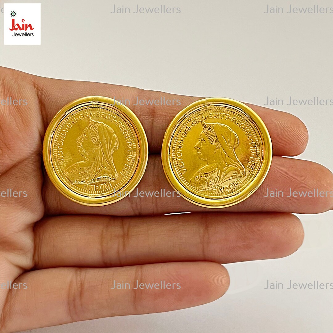 22 Kt Solid Yellow Real Gold Queen Victoria Coin Stud Earrings Screw ...