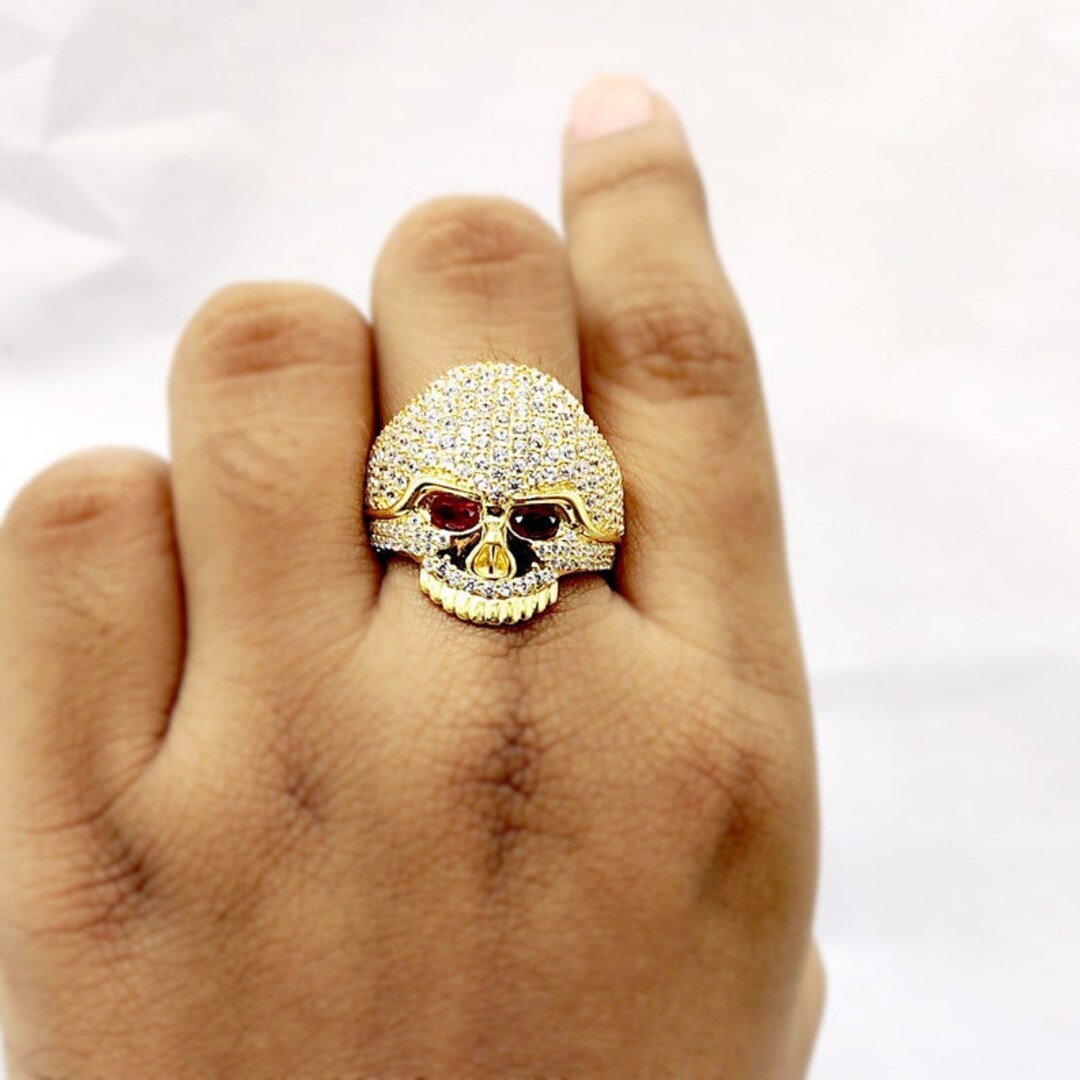 14K, 18K, 22K Real Solid Yellow Gold CZ Natural Ruby Skull Ring ...