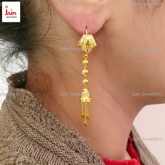 18 Kt 22 Kt Real Solid Yellow Gold Earrings Hallmark Certified Handmade Women s Dainty Hook Long Dangle Drop Earrings Etsy