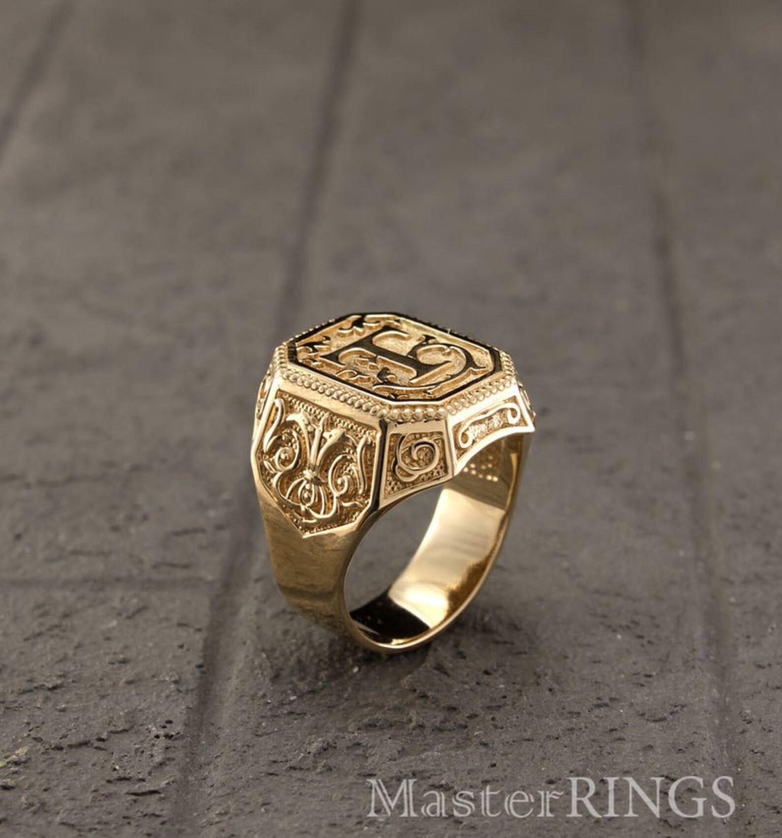 14K ,18K ,22K Real Yellow Gold Letter Personalized Initial Signet Ring ...
