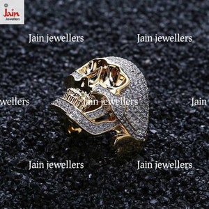 14K, 18K, 22K Real Solid Yellow Gold Round Cubic Zirconia Skull Ring ...