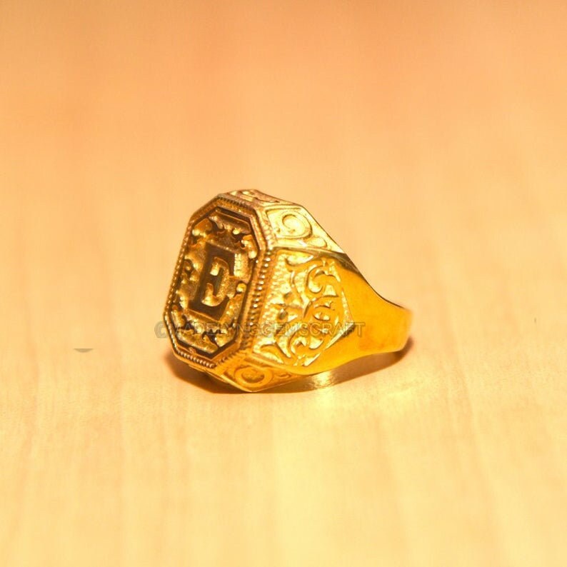 14K ,18K ,22K Real Yellow Gold Letter Personalized Initial Signet Ring ...