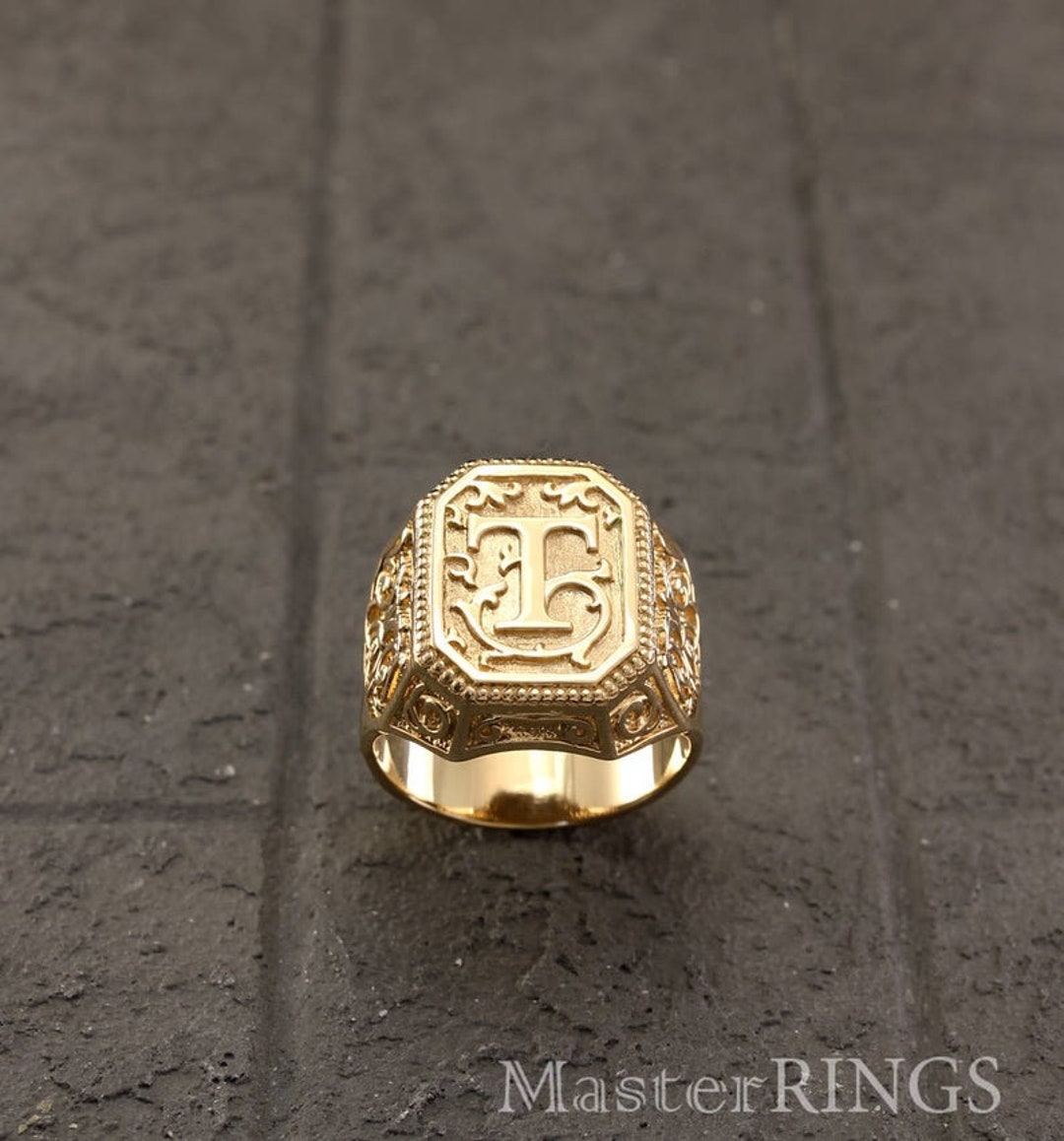 14K ,18K ,22K Real Yellow Gold Letter Personalized Initial Signet Ring ...