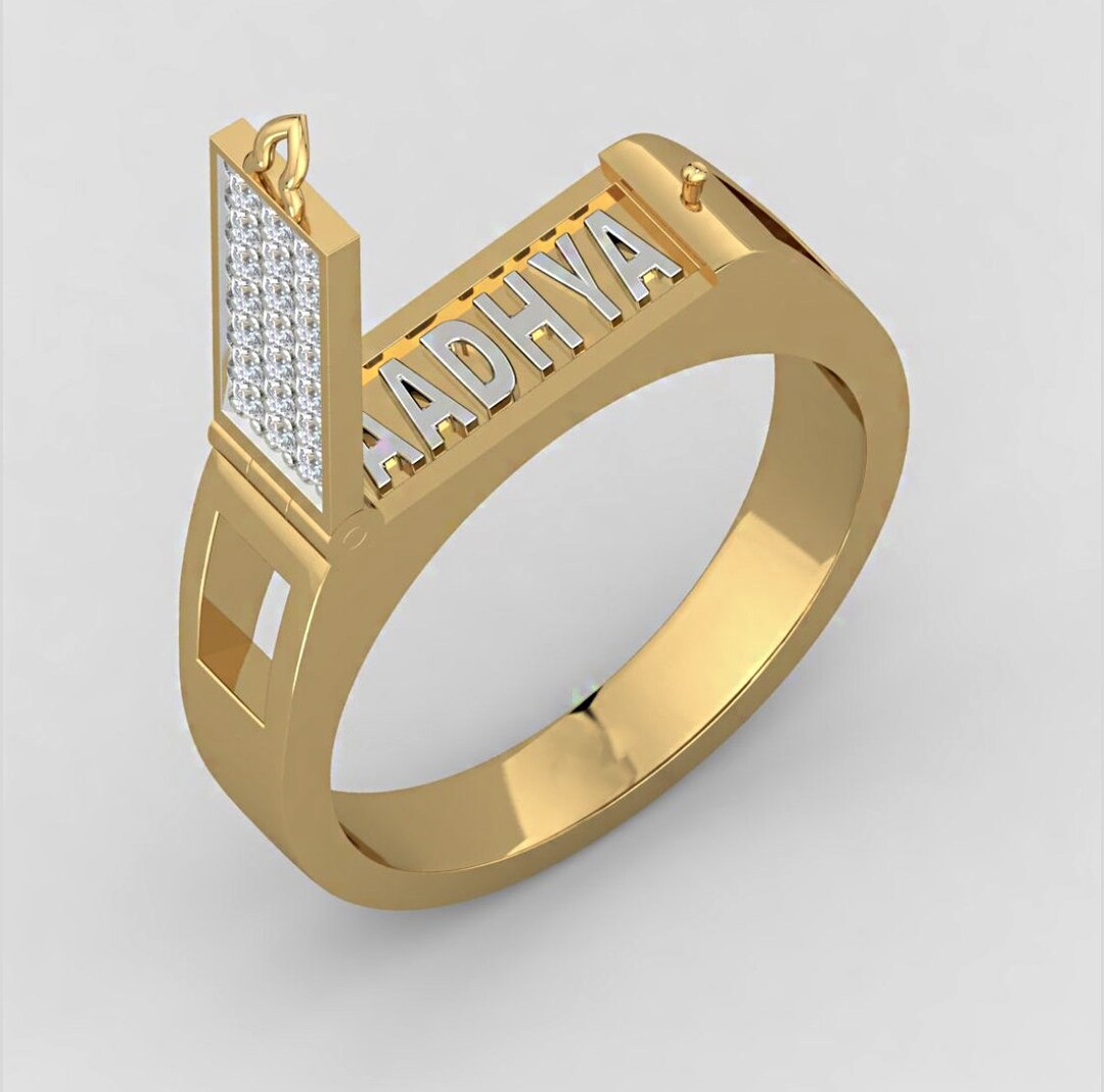 18K, 22K Real Solid Yellow Gold Hidden Name Cubic Zirconia Ring ...