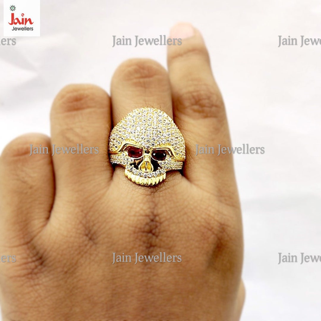 14K, 18K, 22K Real Solid Yellow Gold CZ Natural Ruby Skull Ring, Hallmark Handmade Unique Signet ...