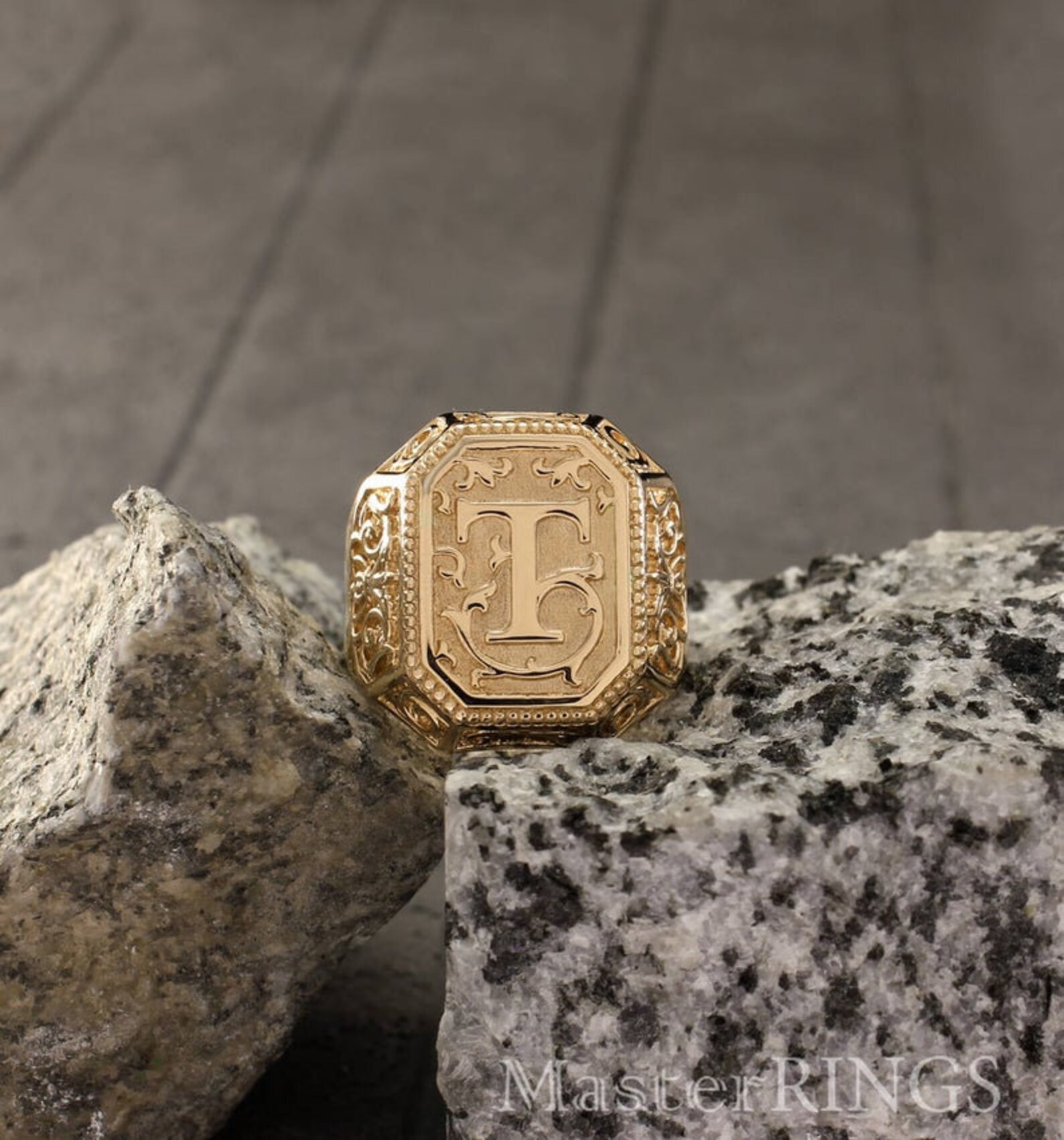 14K ,18K ,22K Real Yellow Gold Letter Personalized Initial Signet Ring ...