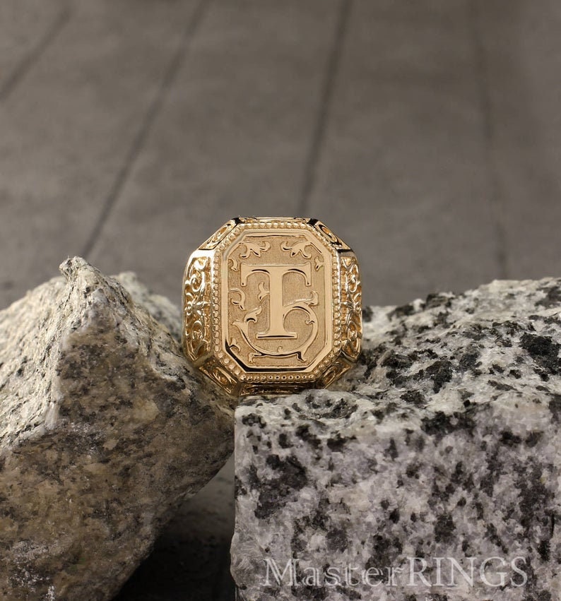 14K ,18K ,22K Real Yellow Gold Letter Personalized Initial Signet Ring ...