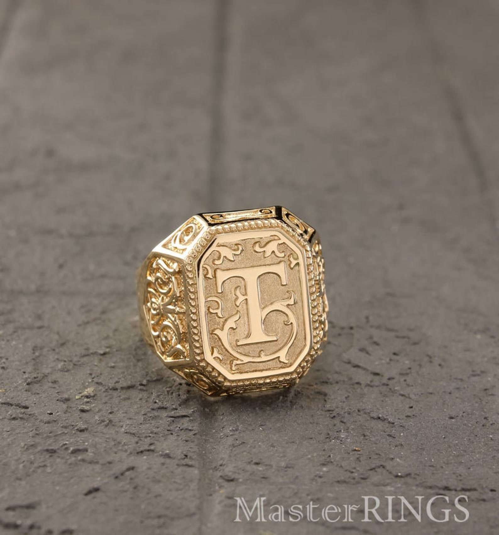 14K ,18K ,22K Real Yellow Gold Letter Personalized Initial Signet Ring ...