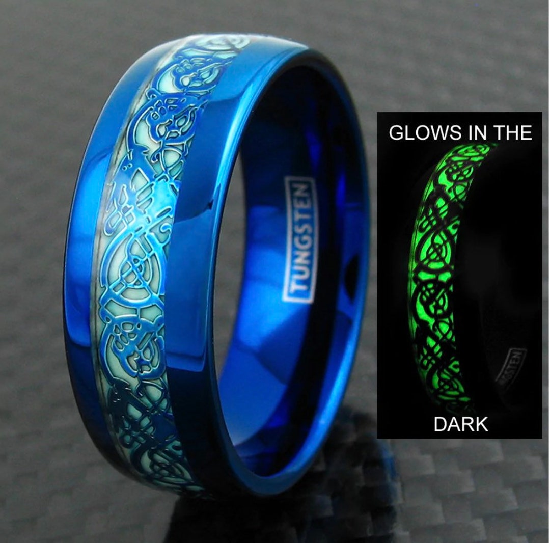 Blue Tungsten Ring With Glow in the Dark Celtic Dragon and Blue Inner ...