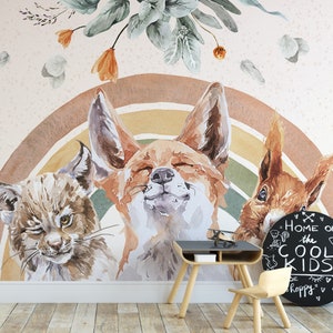 BOHO Mural Wallpaper, Forest Wall Mural, Nursery Forest Animals ...