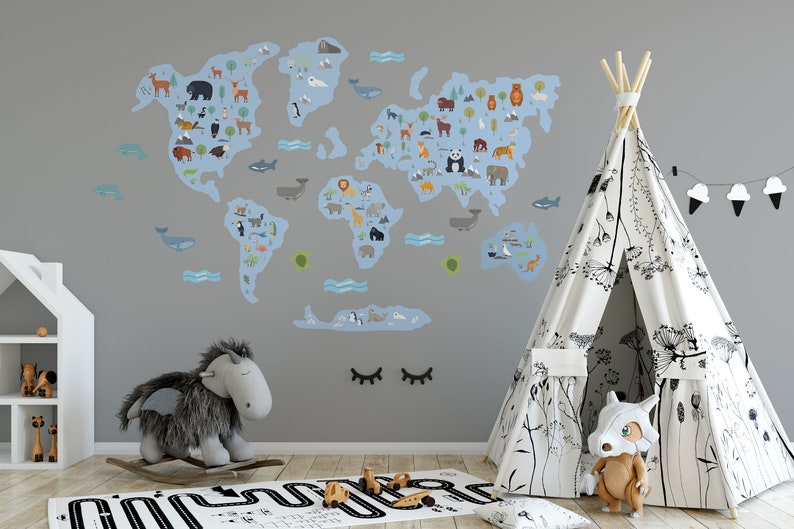 Blue World Map Wall Sticker World Map Decal Kids Decals - Etsy UK