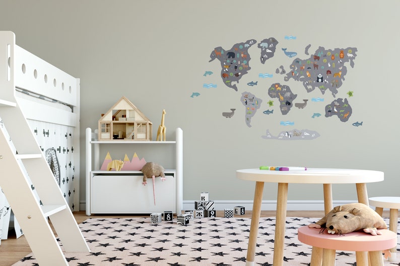 Pink Map Wall Sticker World Map Decal Earth Geography Kids - Etsy