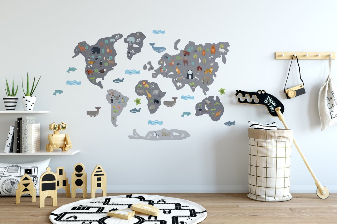 Grey World Map Wall Stickers, Map Decals, Childrens Wall Stickers, Grey ...