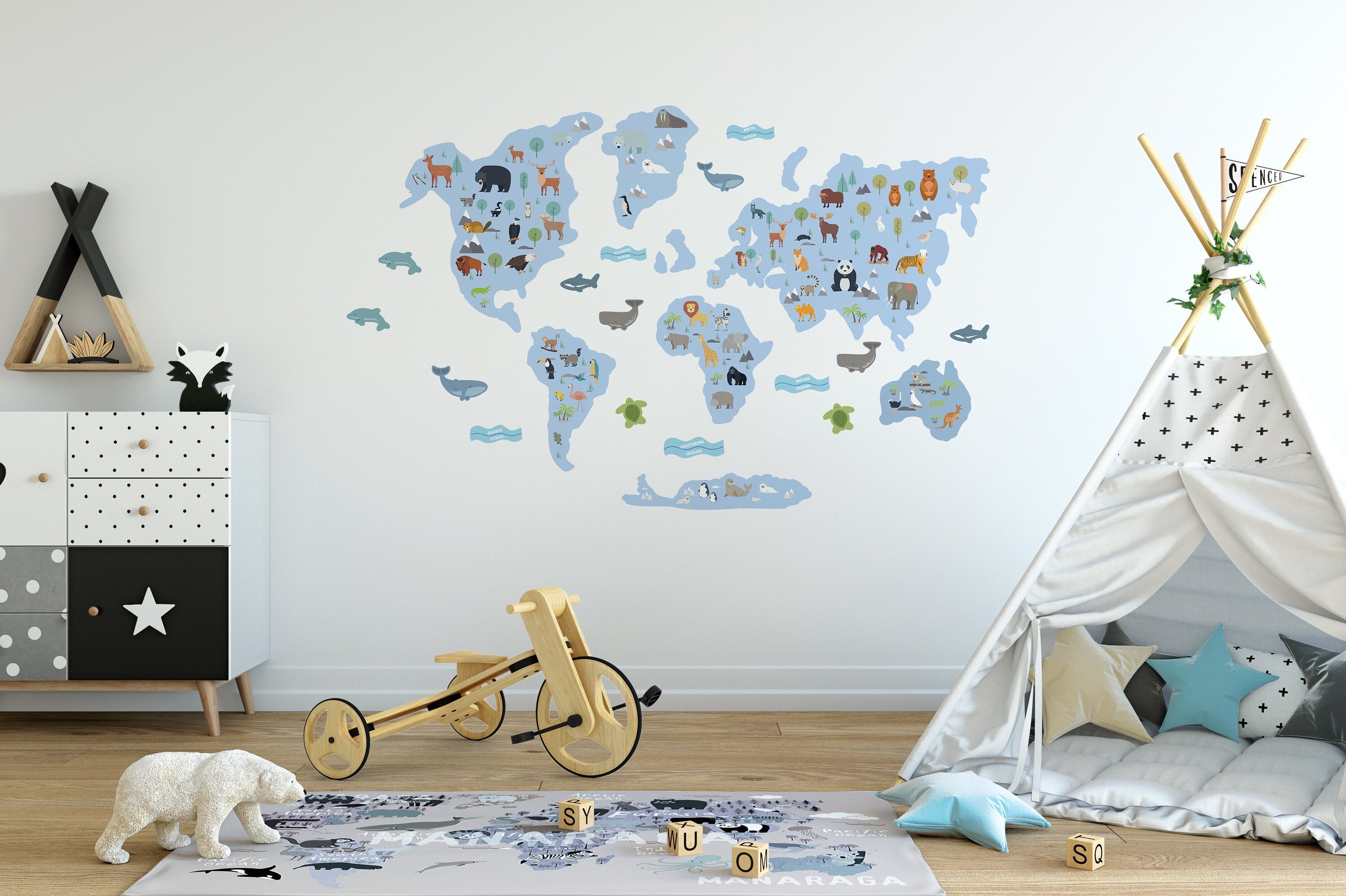 Blue World Map Wall Sticker World Map Decal Kids Decals - Etsy UK