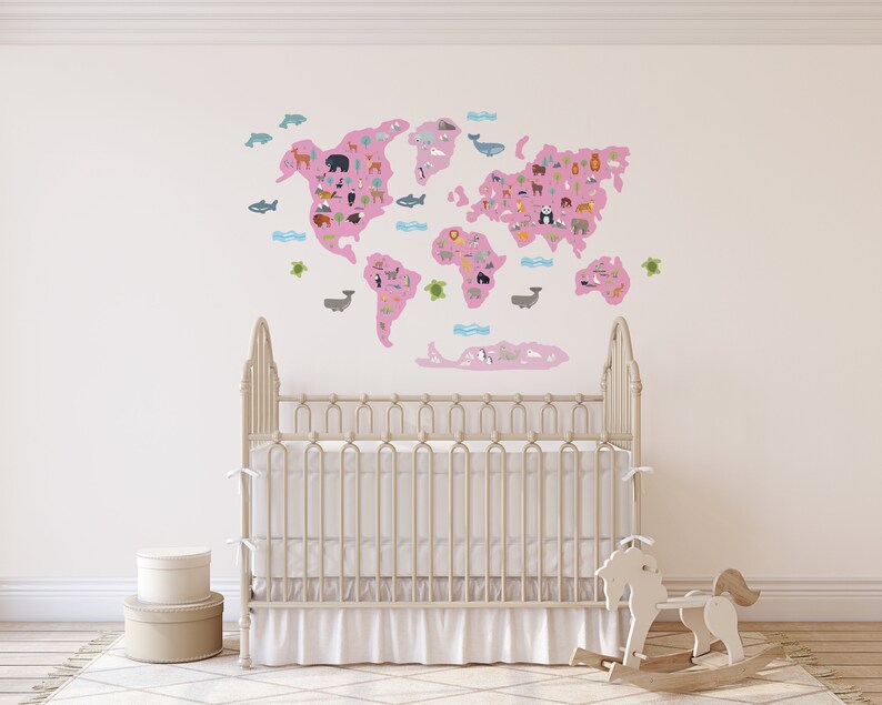 Pink Map Wall Sticker World Map Decal Earth Geography Kids - Etsy