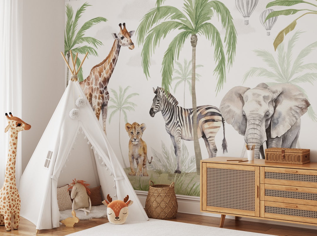 Jungle, Safari Wallpaper, Jungle Wall Mural, Nursery Jungle Animals ...
