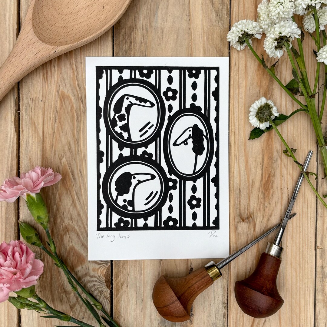 The Long Boys - Dog Portrait Lino Print - Handmade Linocut Original ...