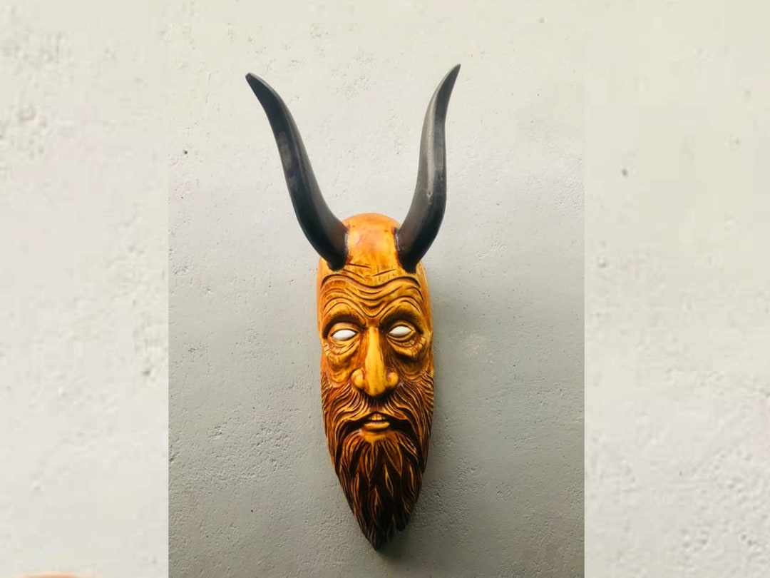 Wood Demon Scullpture With Horns | Devil Sculpture With Horns Head Wood ...