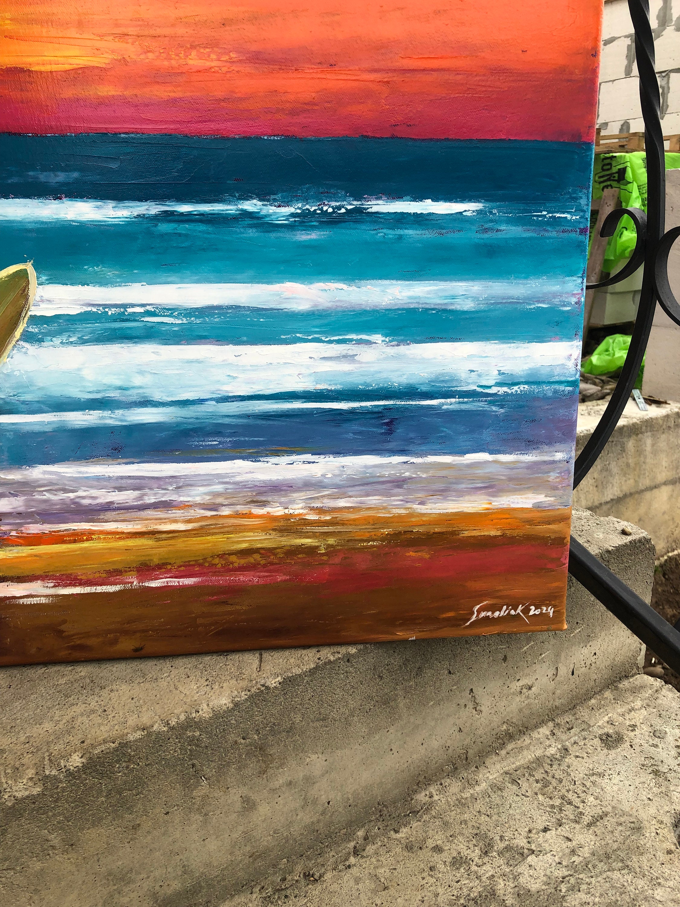 Surfer Ocean Painting on Canvas, Abstract Beach Painting, Sunset Sea ...